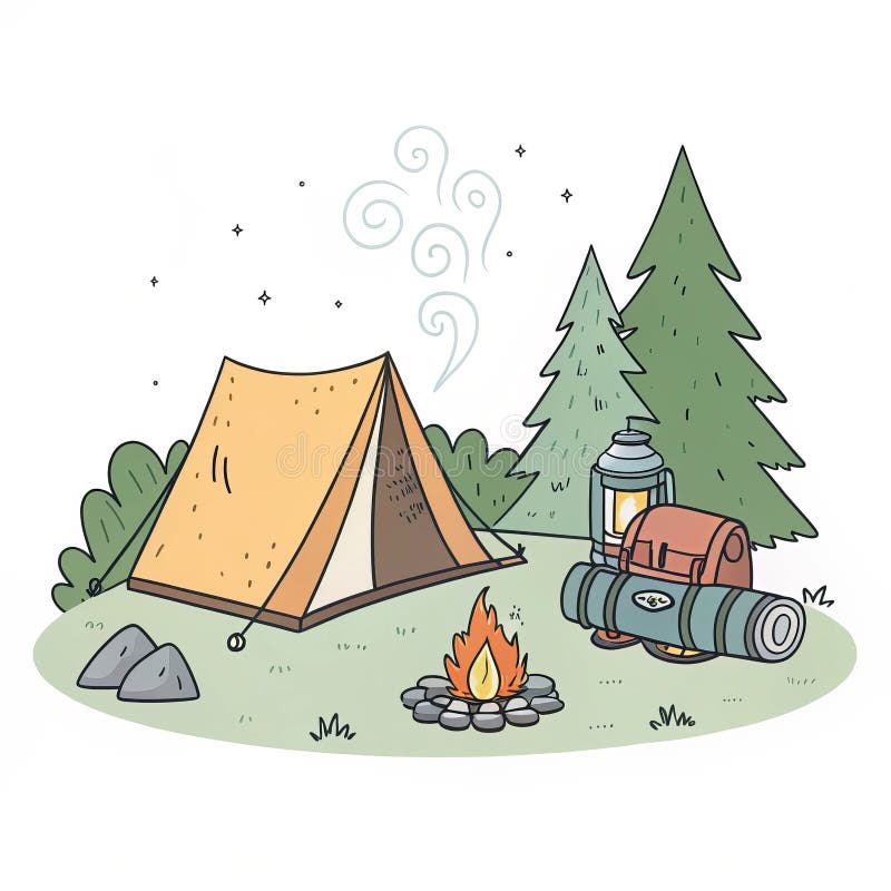 Camping Illustration Tent, Fire, Backpack, Lantern, Forest, Camping Trip, Outdoor Adventure ...