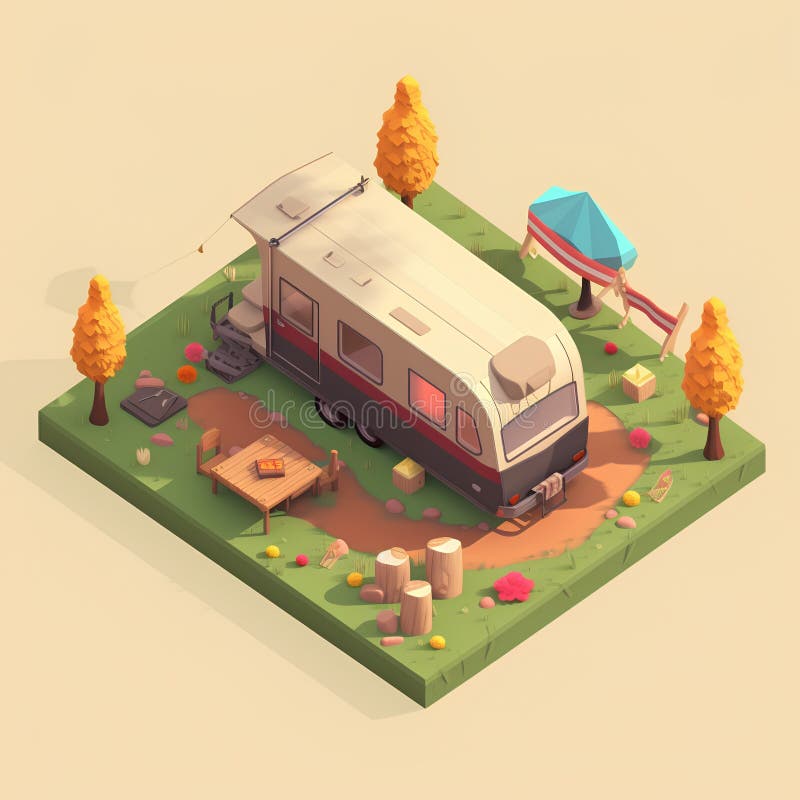 Camping Isometric Concept with Caravan Trailer and Campfire Vector ...