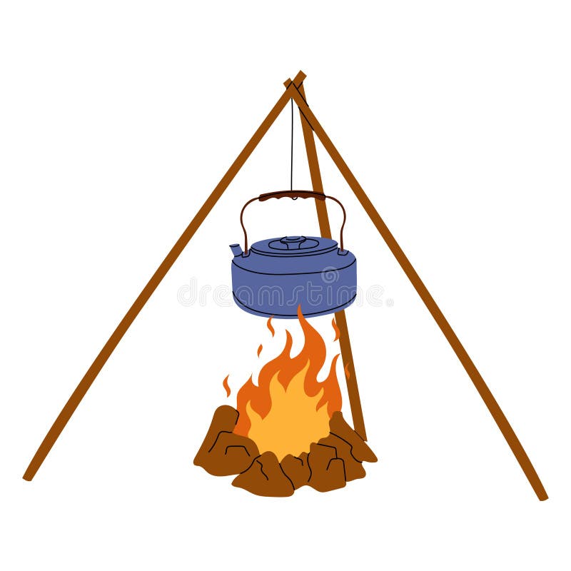 Camping Kettle Hanging Over Open Fire Stock Illustration - Illustration ...