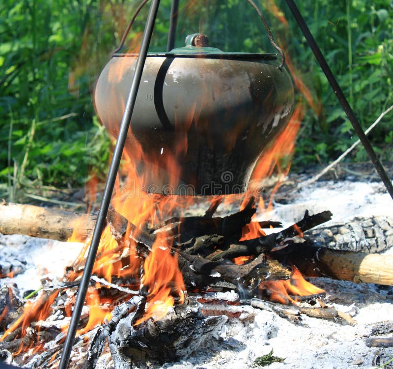 Camping Kettle Over Burning Campfire Stock Image - Image of coal, metal ...