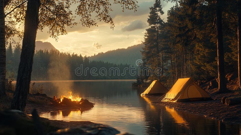 Camping by a Lake with Tents and a Campfire. Stock Photo - Image of ...