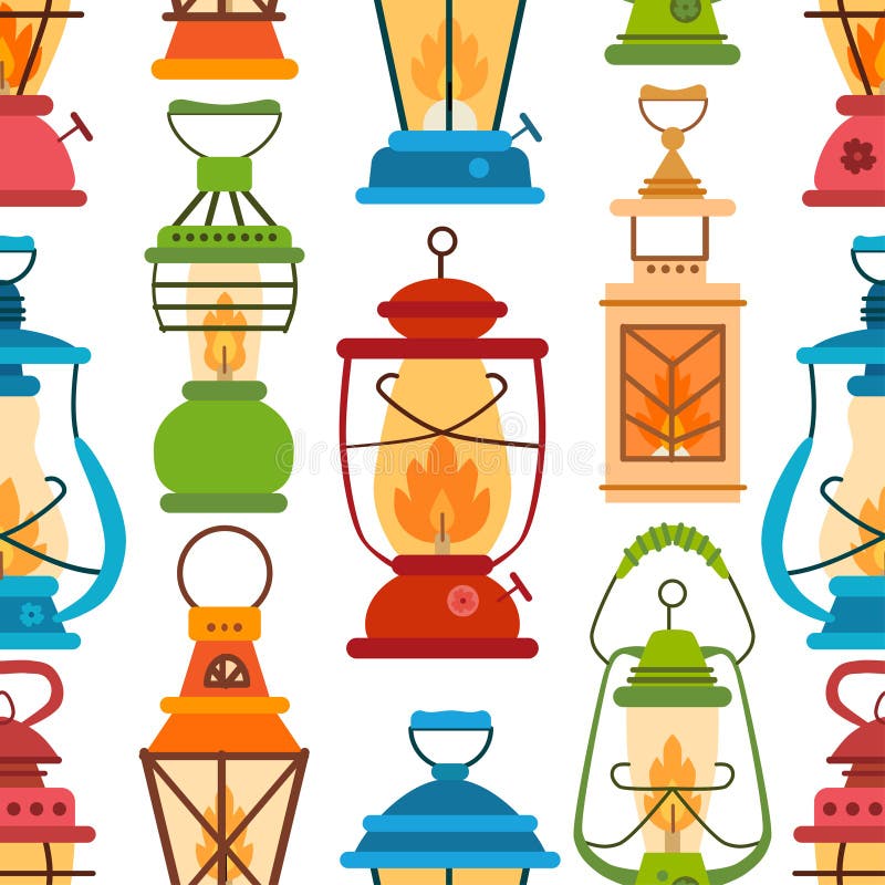Camping Lantern Pattern in Flat Style. Vector Stock Vector - Illustration of bonfire, camp ...