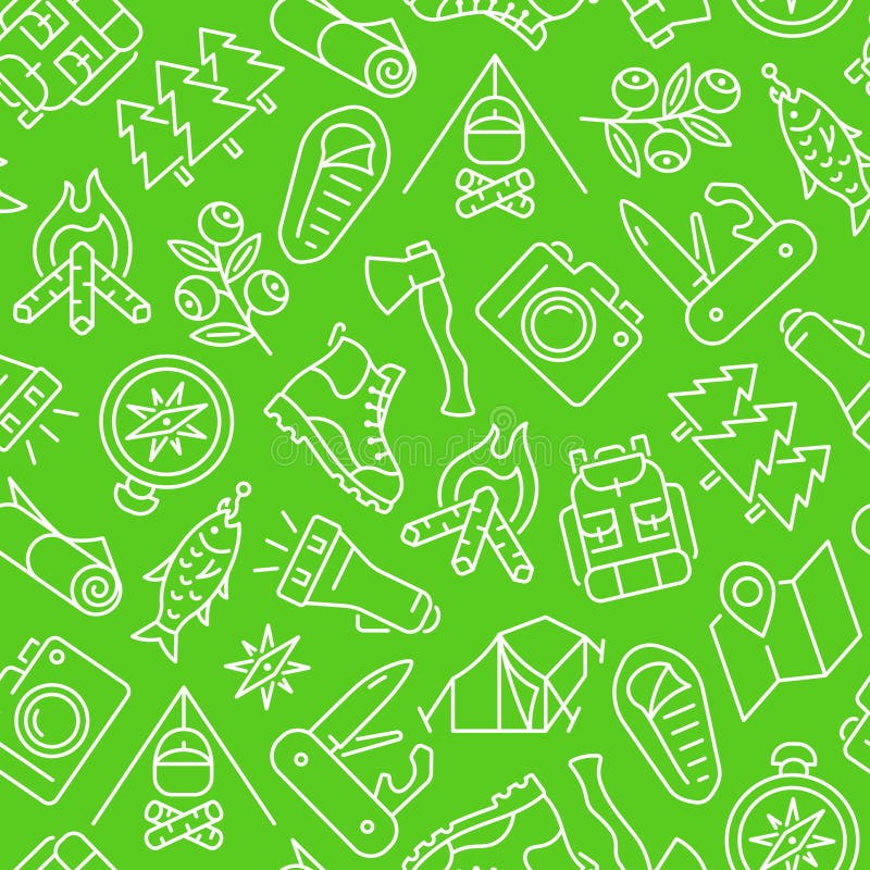 Camping Line Seamless Pattern. Tourism Vector Texture Include Compass ...