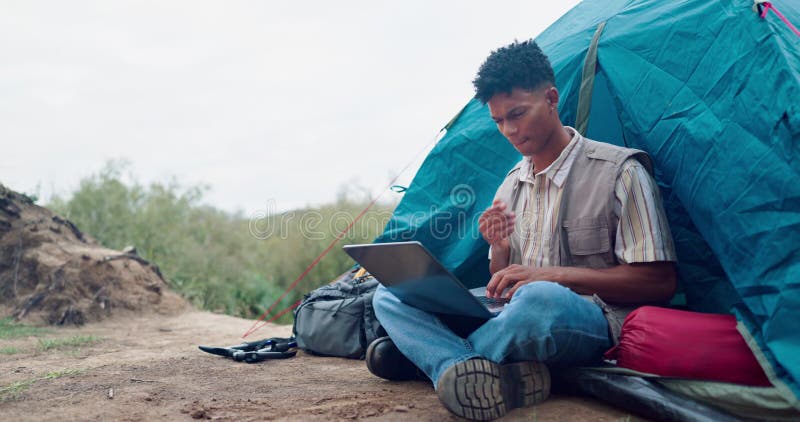 Camping, Man Thinking or Remote Work on Laptop in Nature for Planning ...