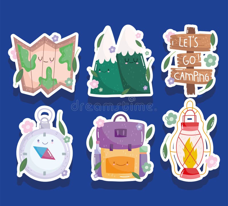 Camping Map Mountains Compass Bacpack Lantern in Cartoon Style Icons ...