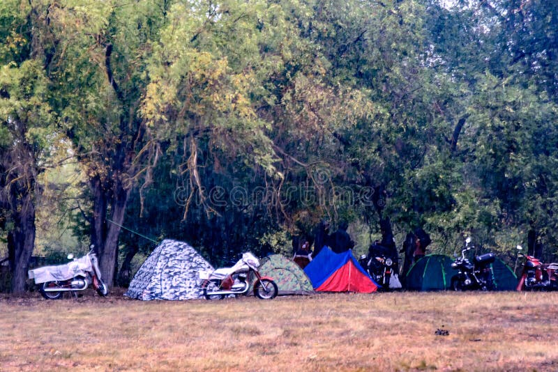 Camping Motorcyclists in the Rain Editorial Photography - Image of ...