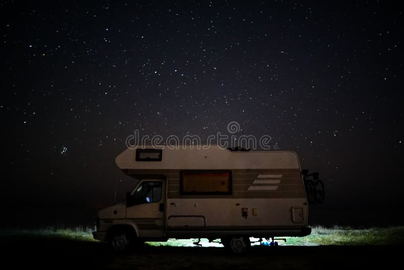 Night Camping with Motorhome Stock Photo - Image of stars, camping ...