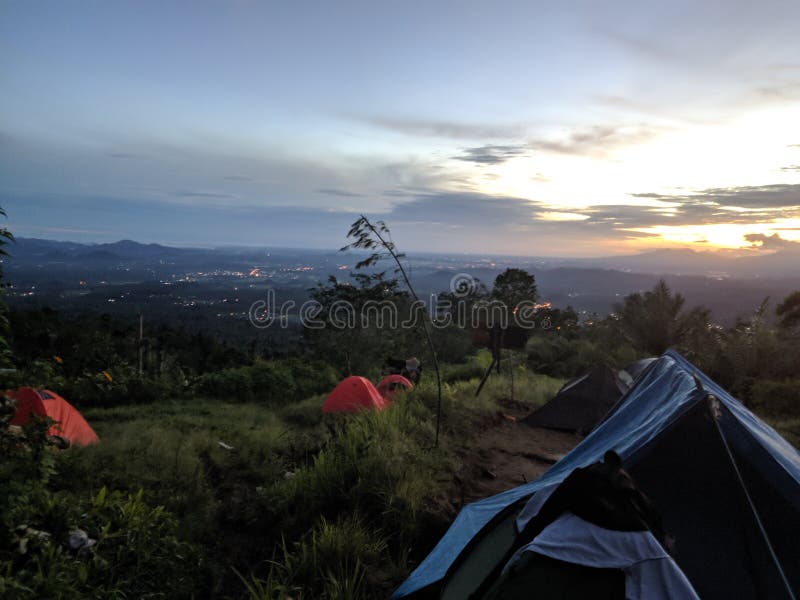 Camping on Mount Tanggamus with a View Stock Image - Image of dusk ...