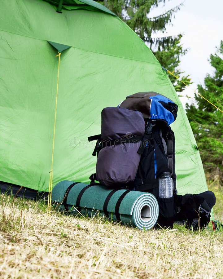 Camping.Mountain Backpack and Tent Stock Image - Image of forest ...