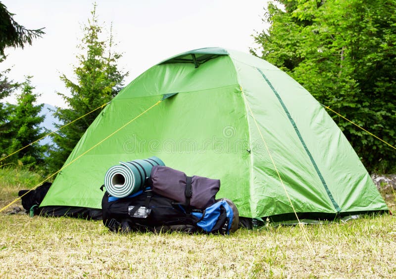 Camping.Mountain Backpack and Tent Stock Image - Image of mountain ...