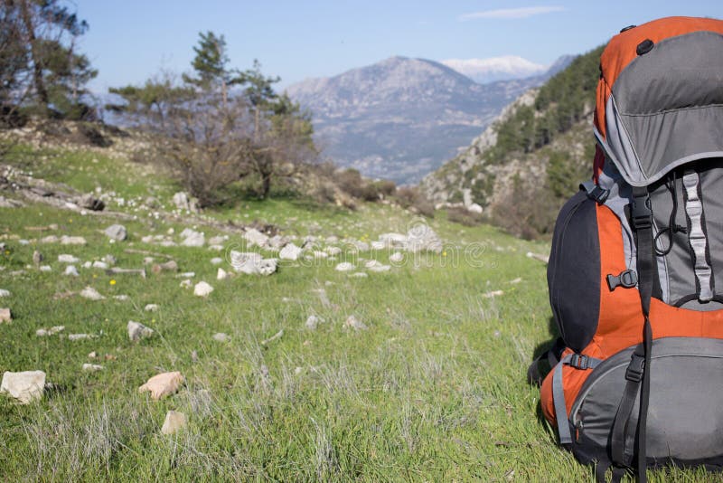 Camping in the mountains. stock image. Image of backpack - 68495871