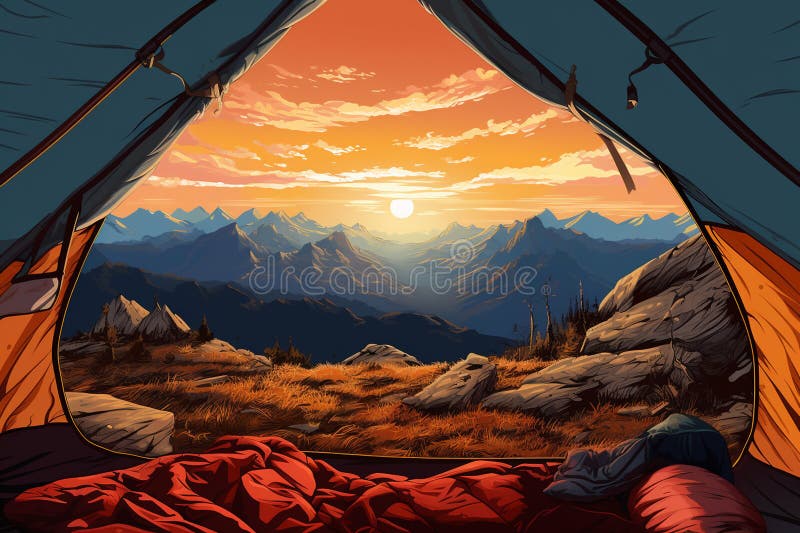 Camping in the Mountains at Sunset. Vector Illustration for Your Design ...