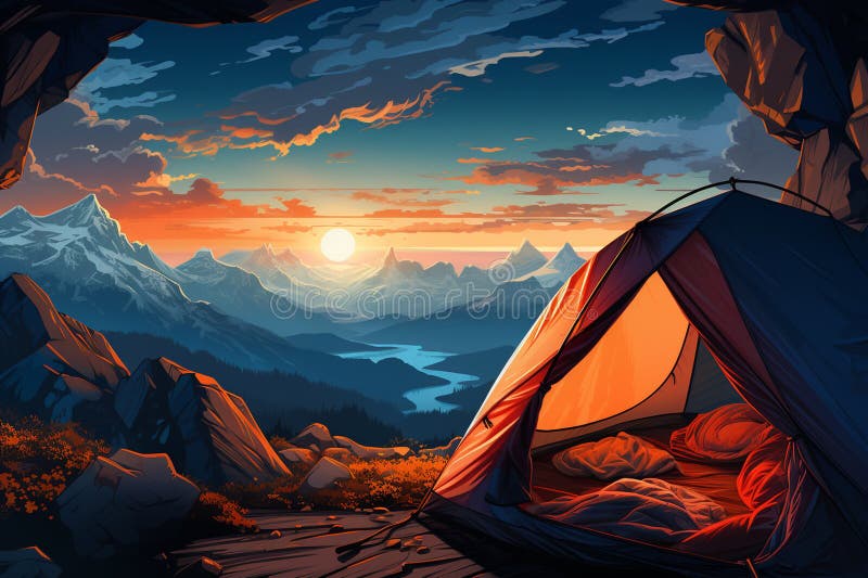 Camping in the Mountains at Sunset. Vector Illustration for Your Design ...