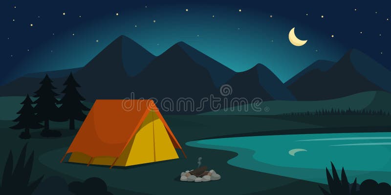Camping in nature at night stock vector. Illustration of adventure ...