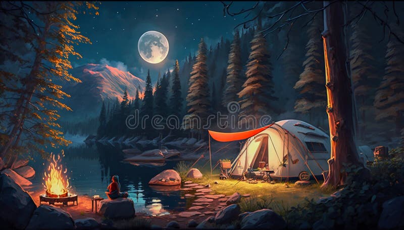 Camping at Night with Campfire. Generative AI Stock Illustration ...