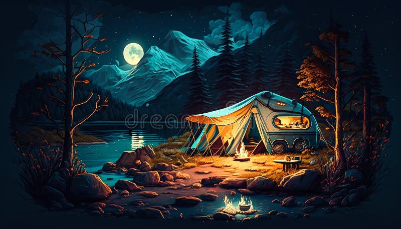 Camping at Night with Campfire. Generative AI Stock Illustration ...