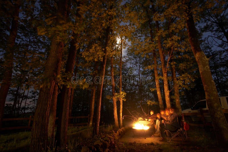 Camping at Night with a Fire Stock Image - Image of people, vacation ...