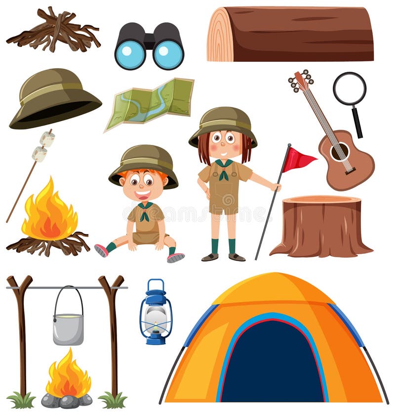 Camping Objects and Cartoon Character Set Stock Vector - Illustration ...