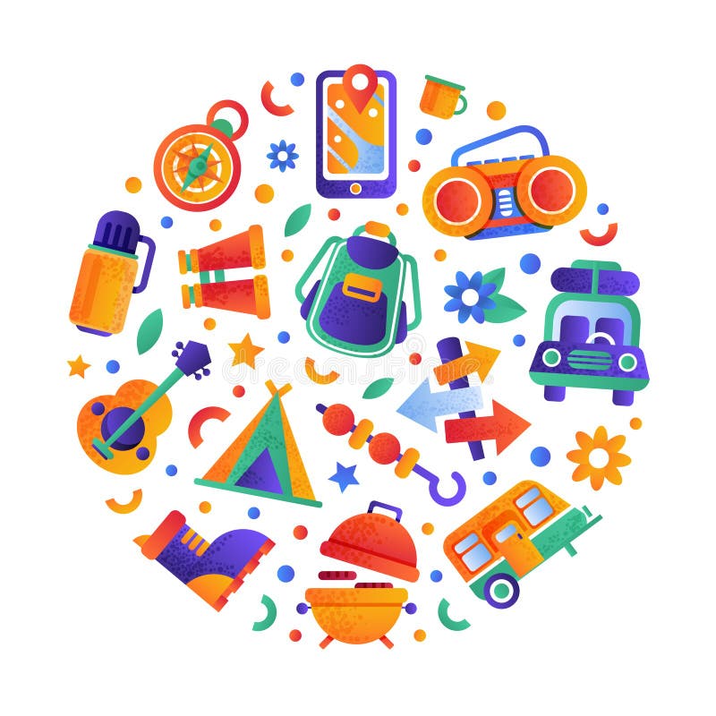 Camping Objects Seamless Pattern of Round Shape Vector Illustration ...