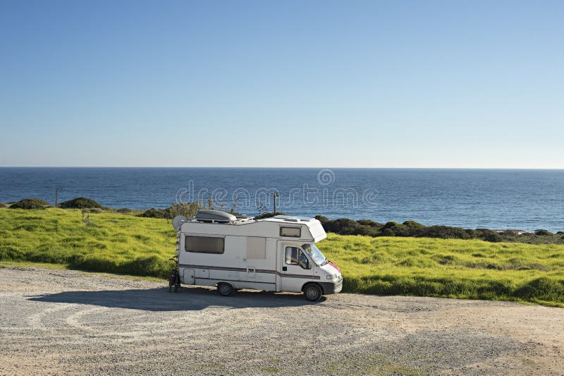 Camping on the ocean stock photo. Image of green, caravan - 49220620