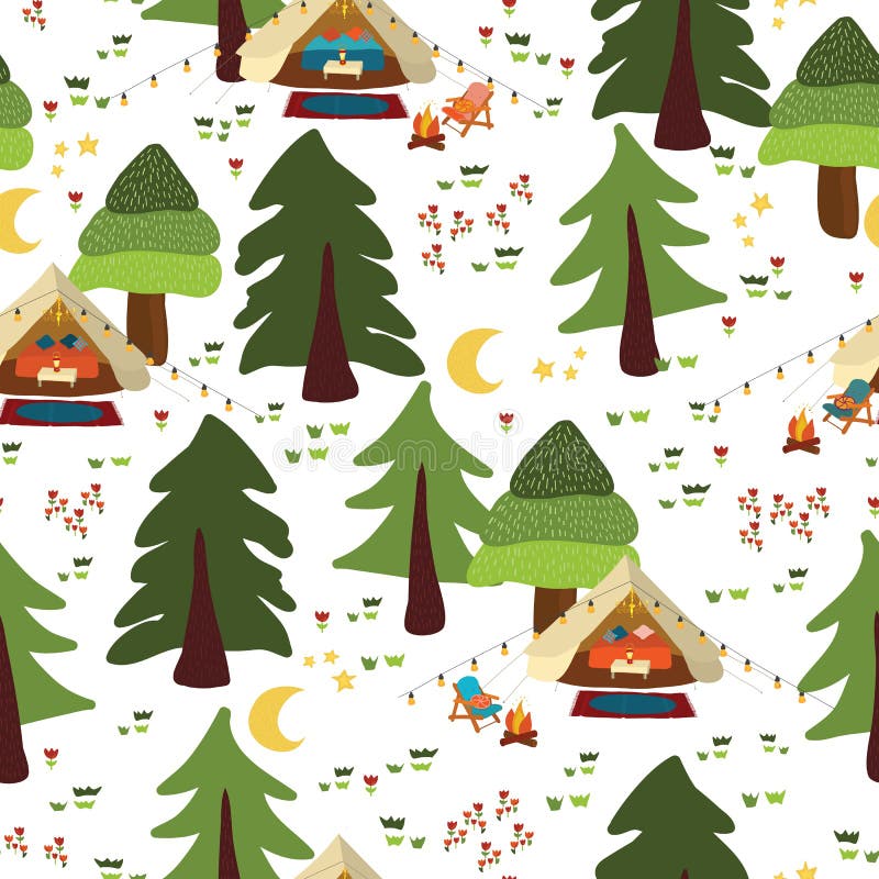 Camping Outdoor Scene Seamless Vector Background. Glamping Pattern. Boho Tents at Night in the ...