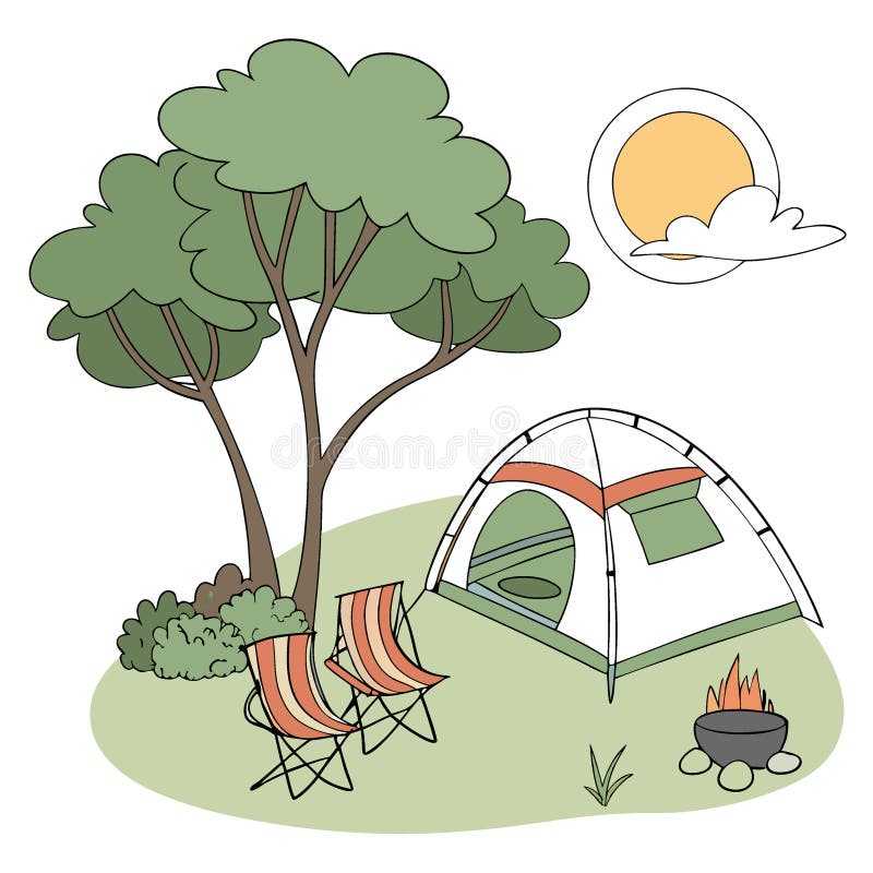 Camping Outdoors with Lots of Sunlight with One Tent Two Outdoor Camping Chairs BBQ Rack. Stock ...
