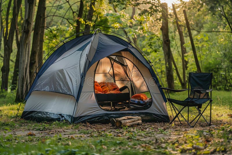 Camping Outdoors with Lots of Sunlight. Tent, Chairs, a Tent BBQ Rack ...