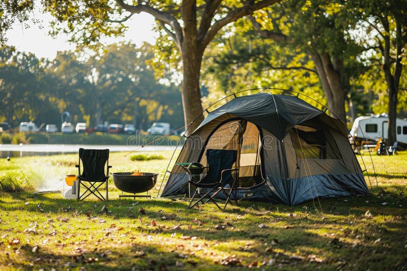 Camping Outdoors with Lots of Sunlight. Tent, Chairs, a Tent BBQ Rack ...