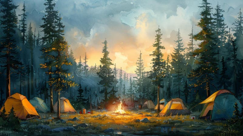 Camping in the Pine Forest at Sunset - Generative Ai Stock Illustration ...