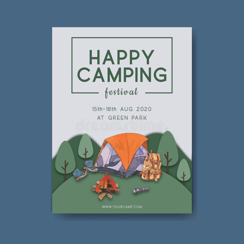 Camping Poster Design with Flashlight, Boot, Tent, Campfire Watercolor ...