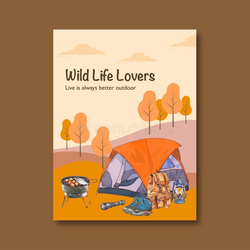 Camping Poster Design with Lantern, Backpack, Tent Watercolor ...