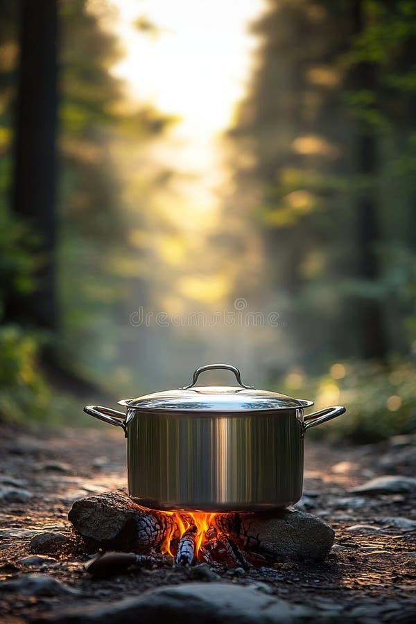Boiling Water in a Camping Pot Over Fire Amid a Blurred Forest Setting ...
