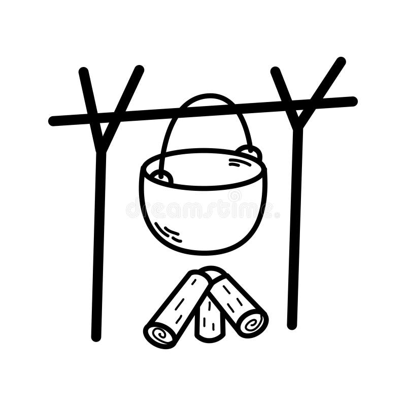 Camping Pot Sketch. Survival Cooking in the Fireplace in Cauldron Stock ...