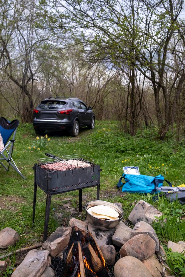 Camping Scene with Car, Grill, and Campfire in Forest Stock Photo ...