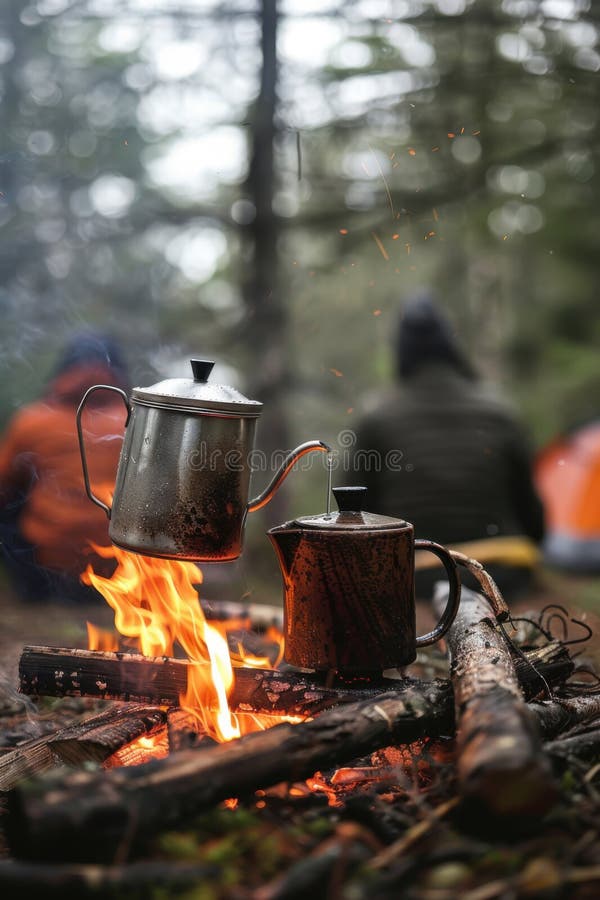 Camping Scene with Coffee Pots on a Campfire in the Forest, Creating a ...