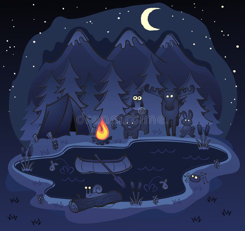 Camping Scene at Night with Animals Stock Vector - Illustration of ...