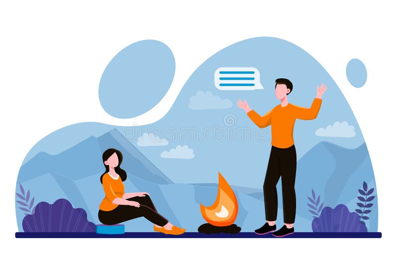 Camping Scene with People Talking Outdoors. Vector Illustration Stock ...