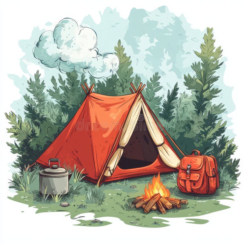 Camping Scene with Red Tent Campfire and Backpack in Forest Stock ...
