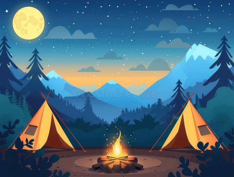 Camping Scene, Tents and Campfire, Flat Design Illustration Stock ...