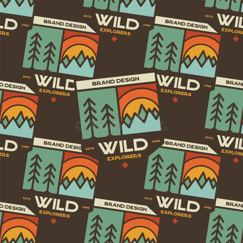 Camping Seamless Pattern. Travel Wallpaper with Forest Wild Badges ...