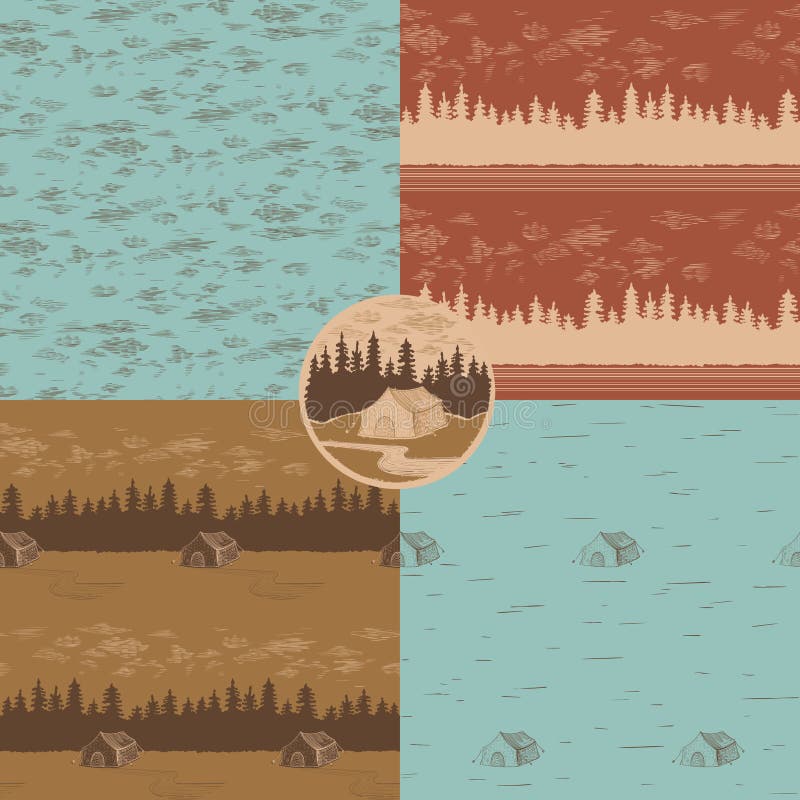 Camping Seamless Patterns Set, Adventure Backgrounds with Forest, Tents ...