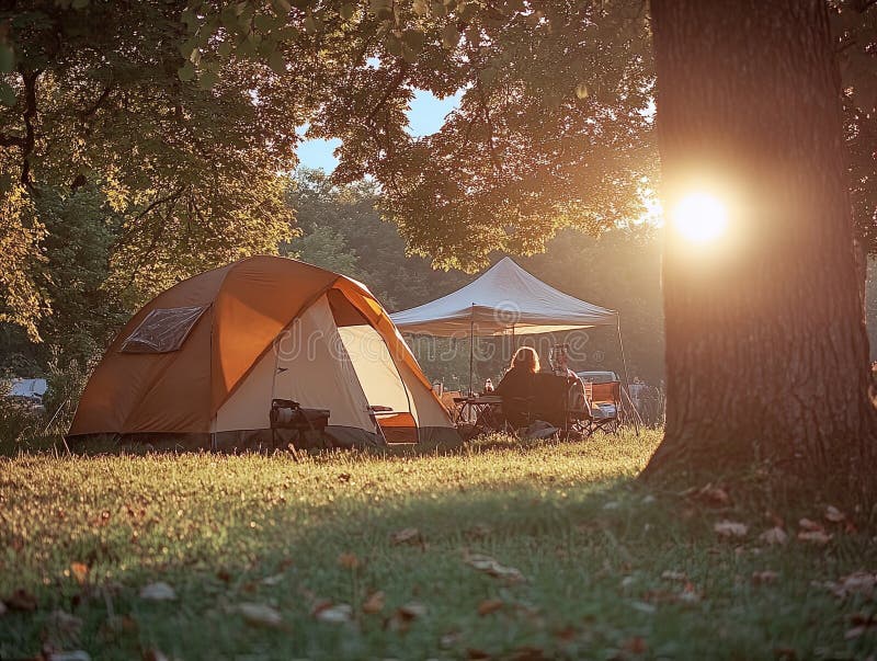 Camping in a Serene Forest Setting with a Warm Sunset Illuminating the ...