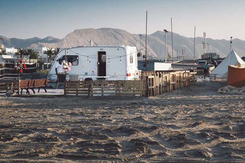 Camping Site at the Beach, Sandy Beach, Caravan, Muscat, Oman Editorial ...