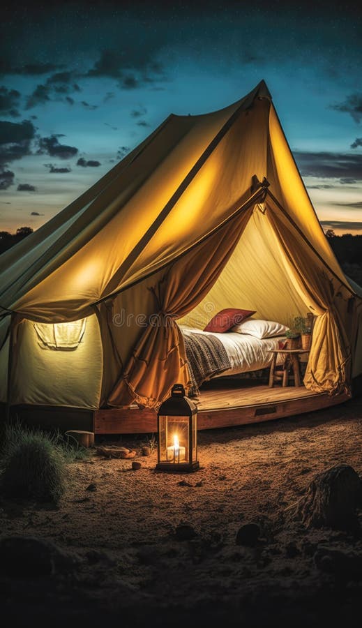 Camping Site with a Large Yellow Tent at Late Dawn Visualizing a ...