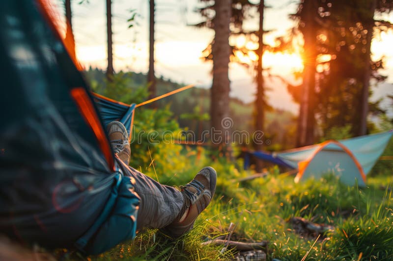 Camping Site at Sunset with a Tent, Backpack, and Lit Lantern Under a ...