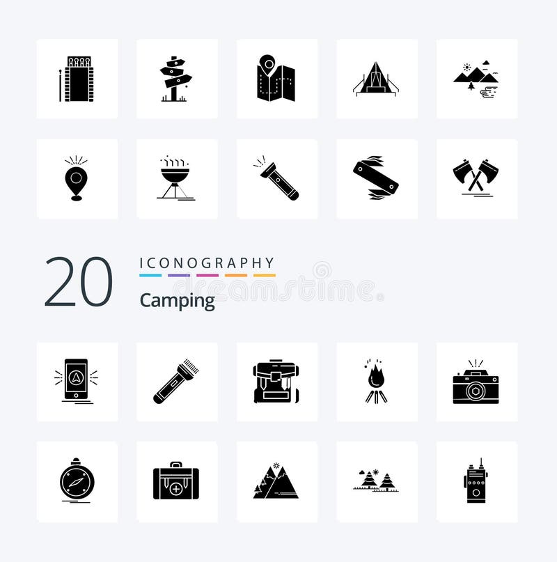 20 Camping Solid Glyph Icon Pack Like Plan Map Bonfire Label Camping ...