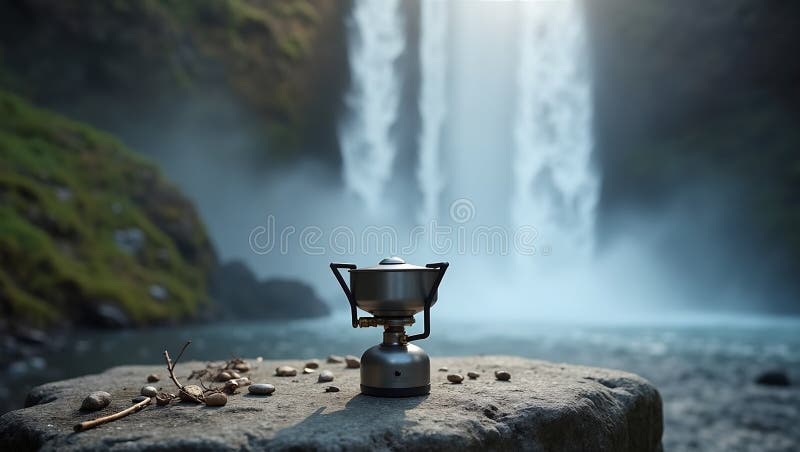 Camping Stove on Rock by Waterfall Mist and Sunlight Create Serene ...