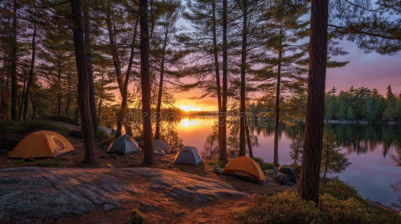 Camping at Sunset by a Lake in a Pine Forest Stock Photo - Image of ...
