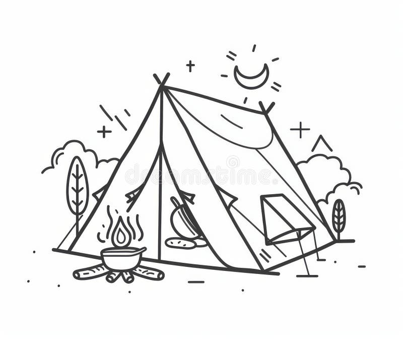 Camping Tent and Bonfire Continuous Line Art Modern Illustration ...