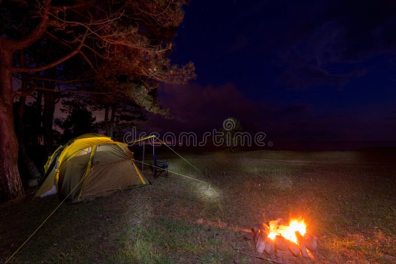 Camping Tent and Bonfire by the Sea Stock Image - Image of outdoor ...